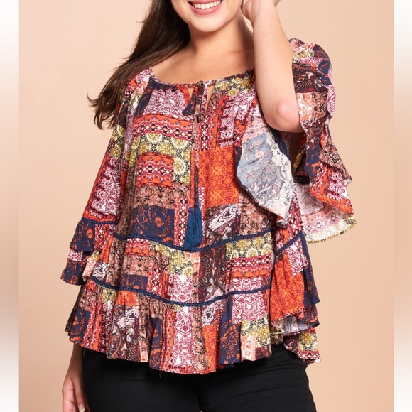Tops | 11 Quilted Patchwork Print Tiered Multicolored Blouse | Poshmark